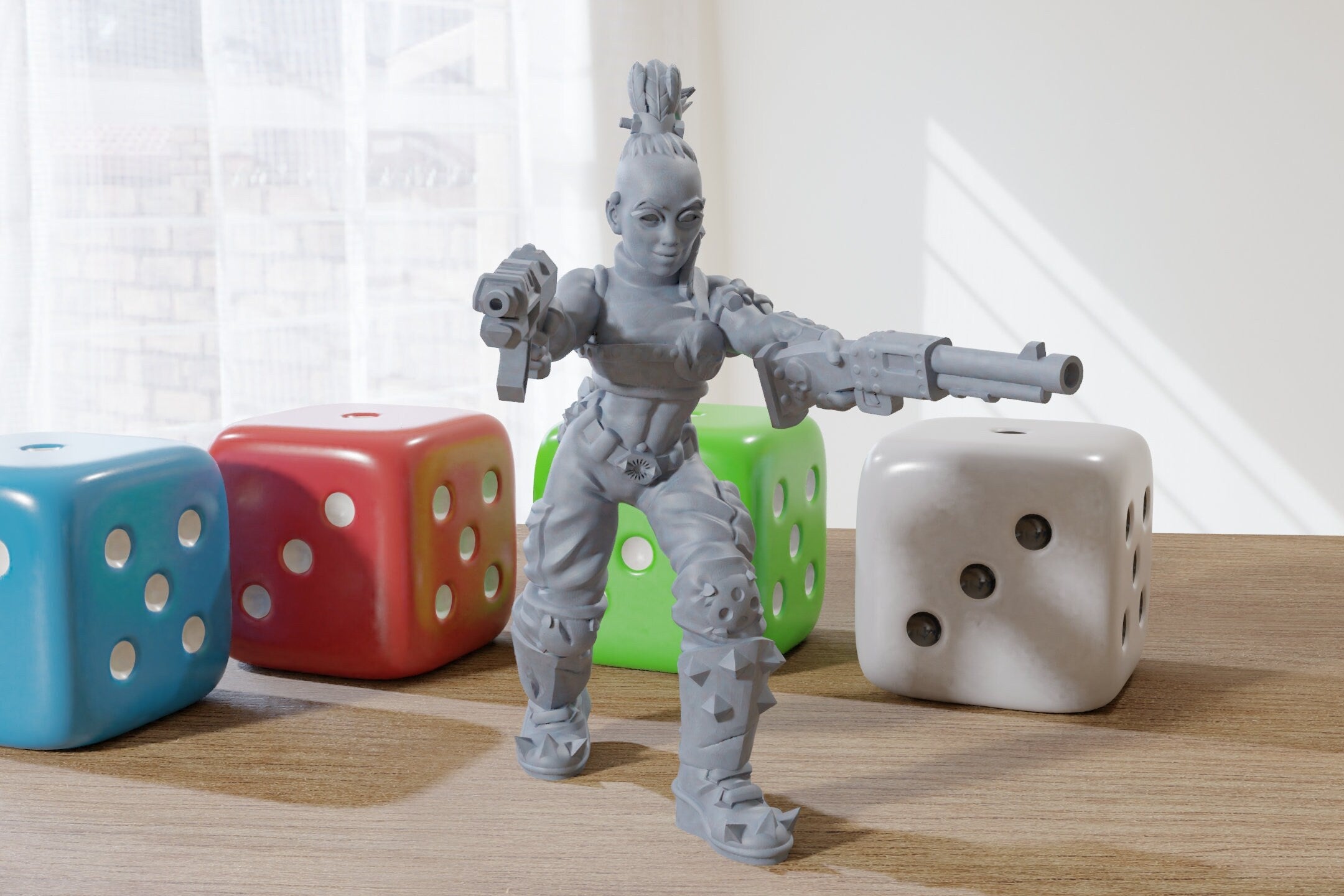 Double Armed Punk Female - 3D Printed RPG Minifigure - Cyberpunk / Sci